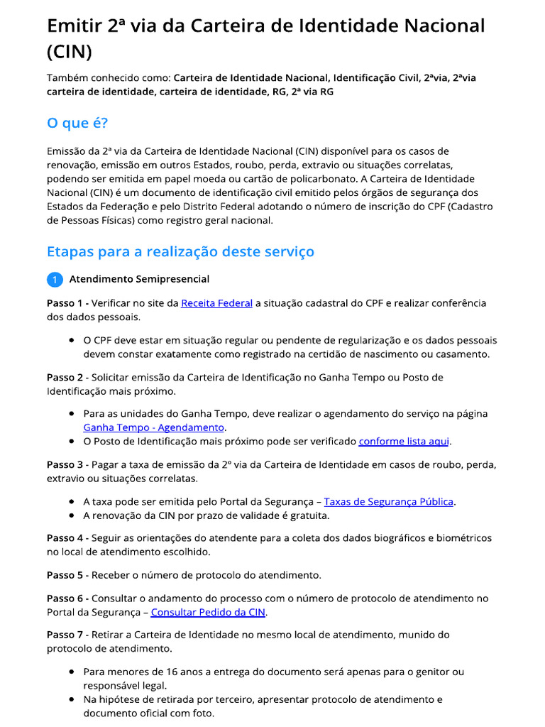 Emitir 2a Via Da Carteira de Identidade Nacional (Cin) | PDF