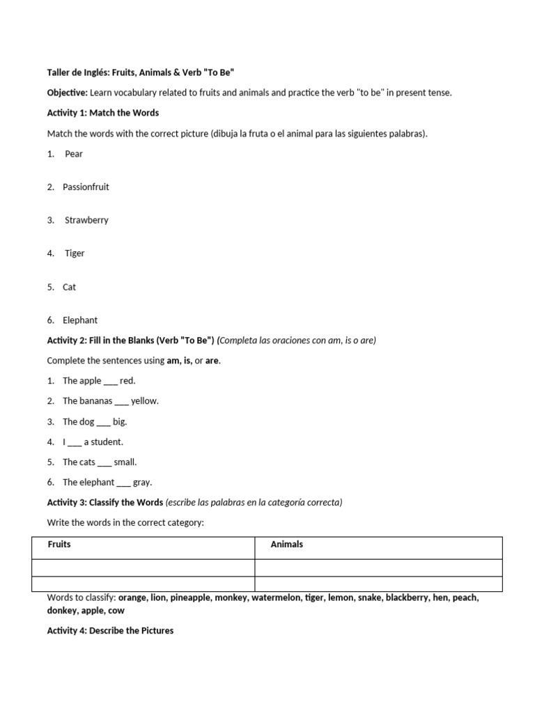 English Workshop: Fruits & Animals Vocabulary | PDF