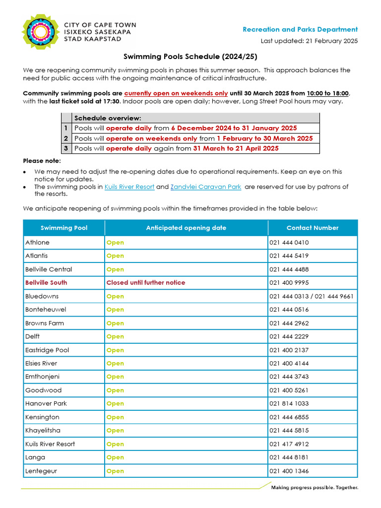 2024/25 Swimming Pools Schedule | PDF