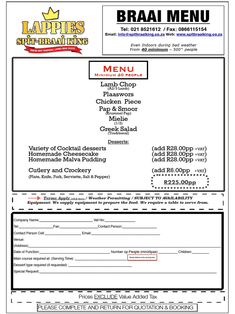 Sbk Braai Menu | PDF | Food And Drink Preparation | Cuisine