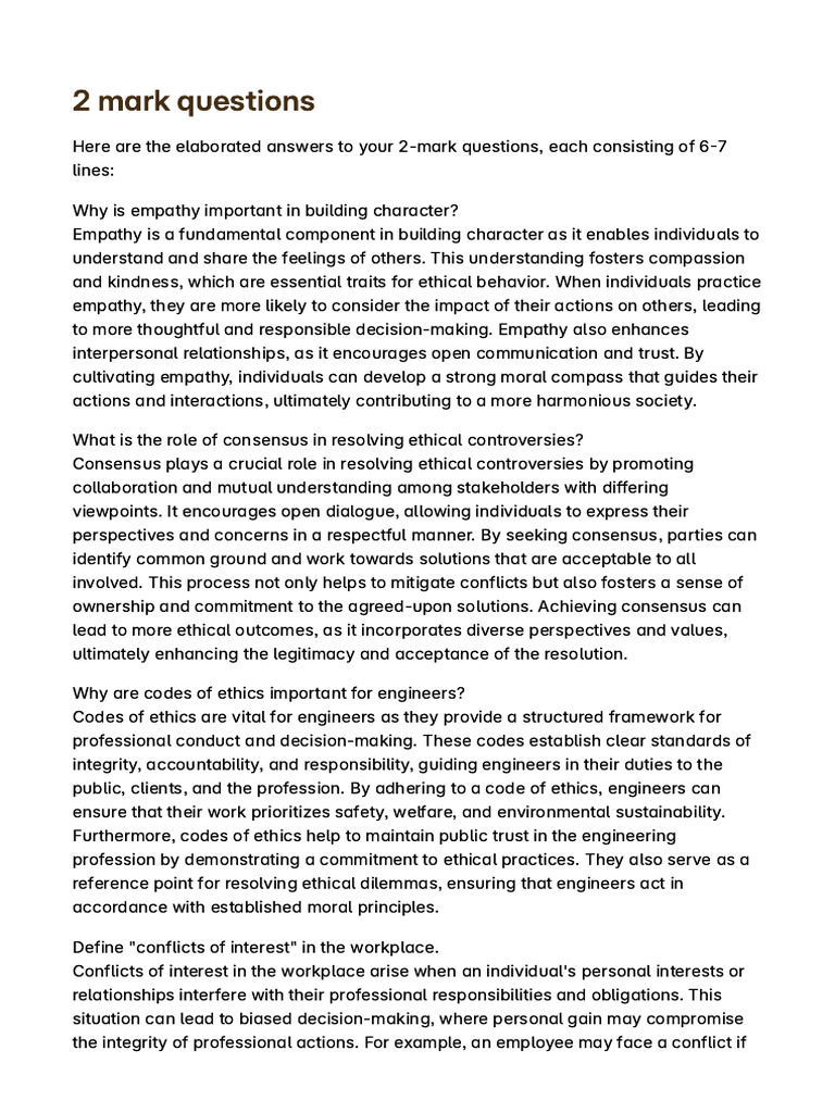 2 Mark Questions | PDF | Morality | Integrity