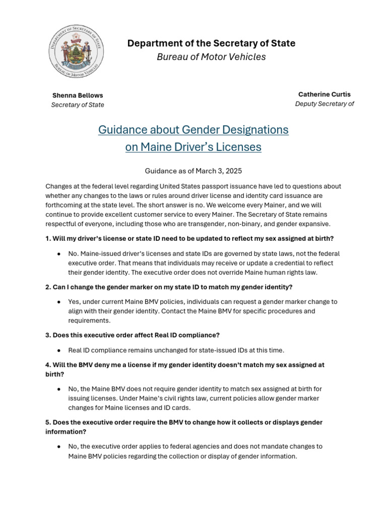 Guidance About Gender Designations On Maine Drivers Licenses | PDF ...