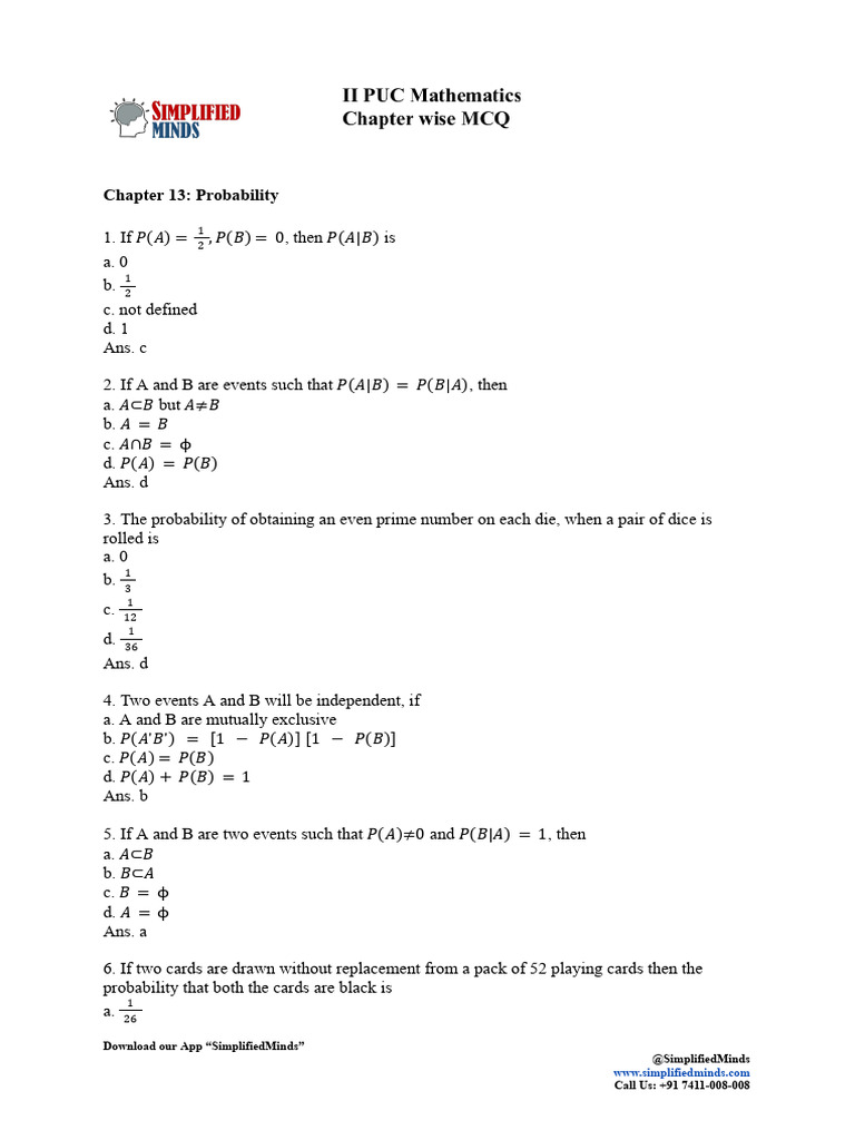Chapter 13 Probability MCQ | PDF | Probability Theory | Probability