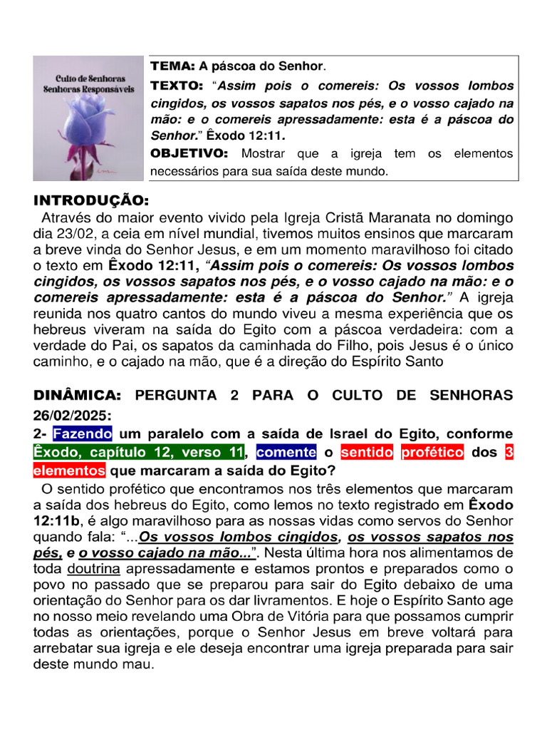 Dinâmica Da Pergunta 2 para Culto de Senhoras 26-02-2025 Letra Grande | PDF