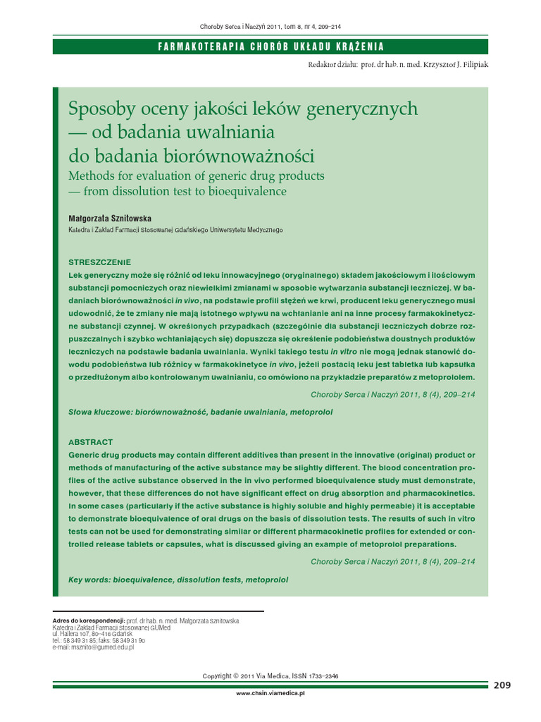 Ocena Jakosci Lekow Generycznych - Artykul | PDF