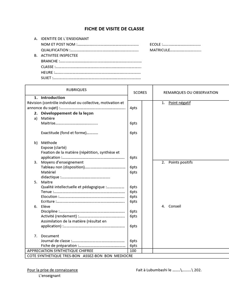 Fiche de Visite de Classe 2023 | PDF