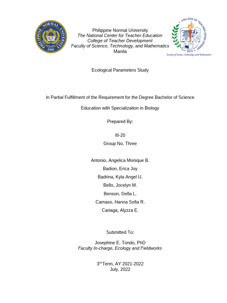 Group 3 - Ecological Parameters Study Draft | PDF | Soil | Nitrate