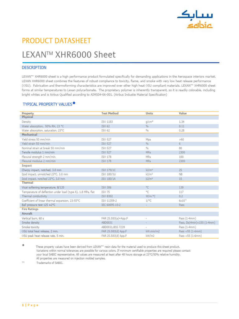 LEXAN™ XHR6000 Sheet | PDF | Young's Modulus | Yield (Engineering)