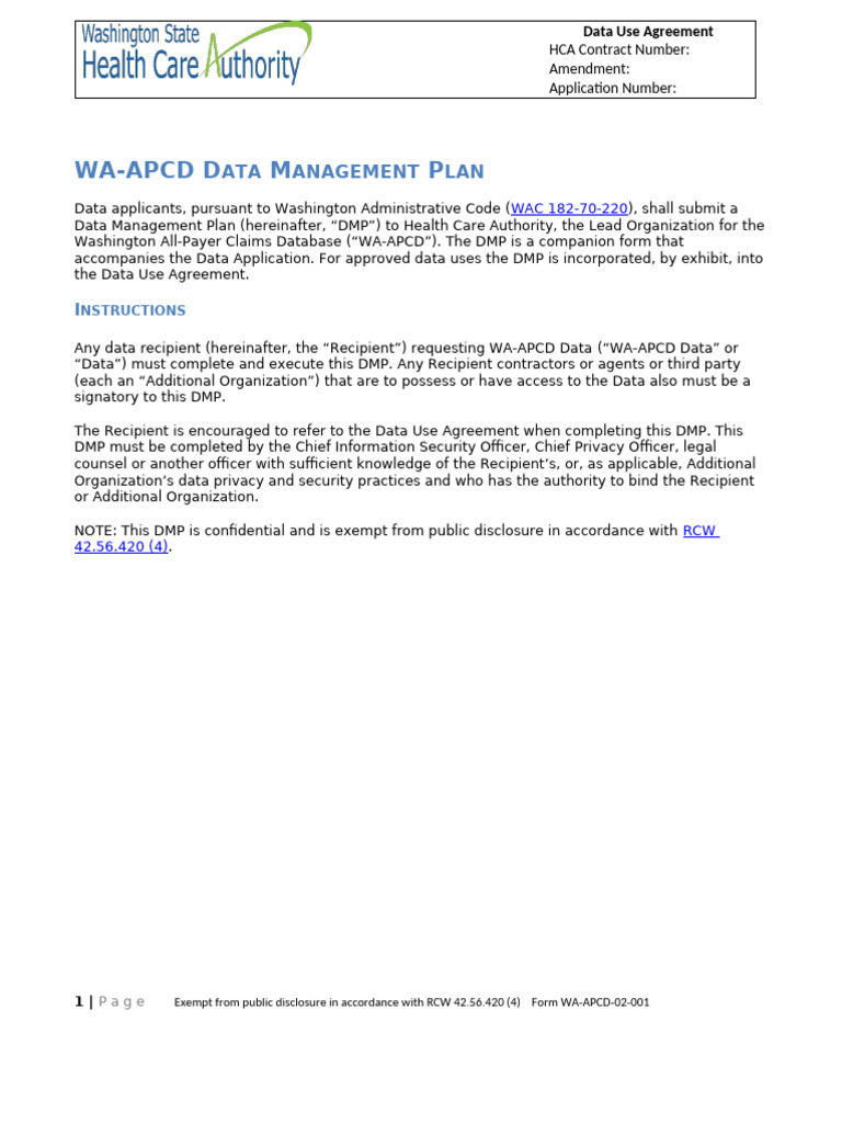 WA-APCD Data Management Plan Apr.2023 | PDF | Health Insurance Portability And Accountability ...