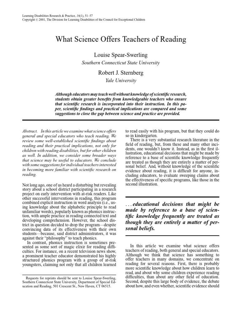 2002 - Spear Swerling - What Science Offers Teachers of Reading | PDF ...
