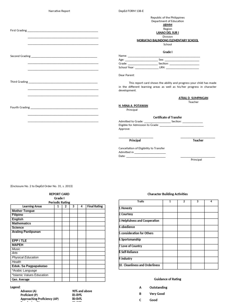 Narrative Report Card GRD 1 | PDF