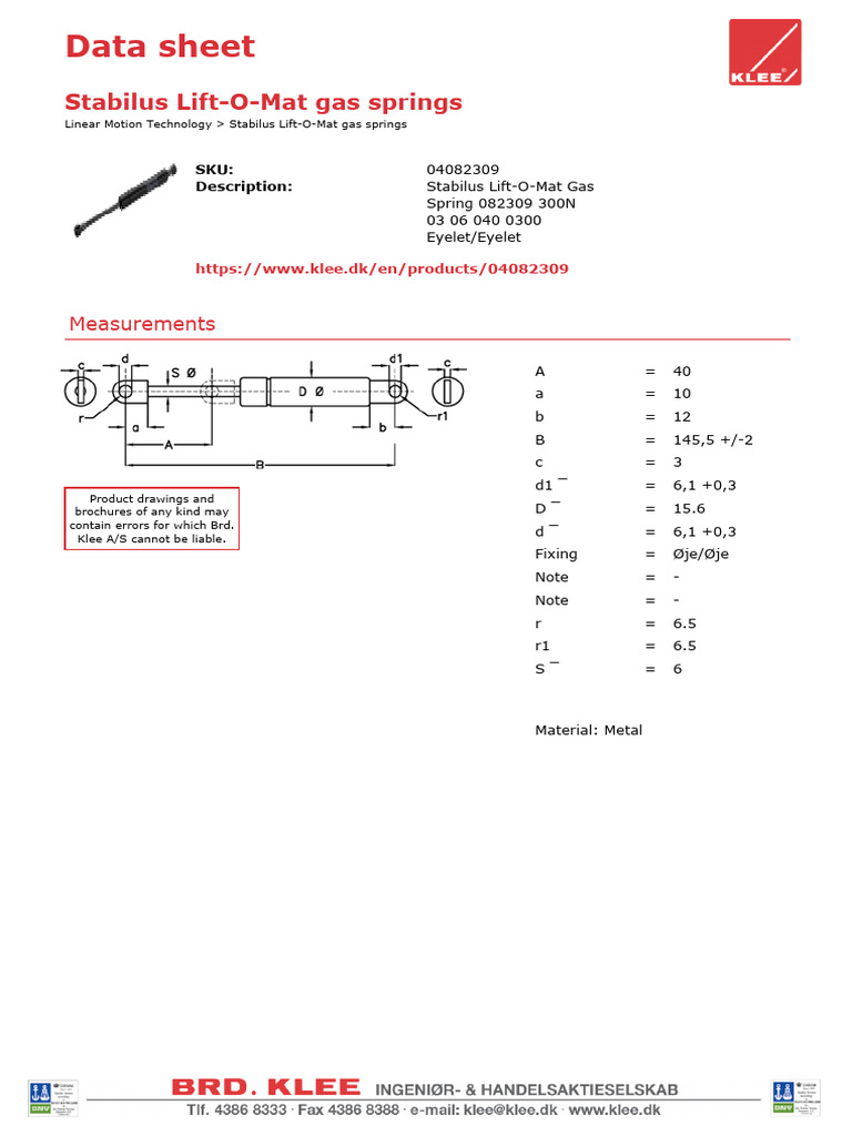 Brd. Klee As en 04082309 Stabilus Lift-O-Mat Gas Spring 082309 300N | PDF
