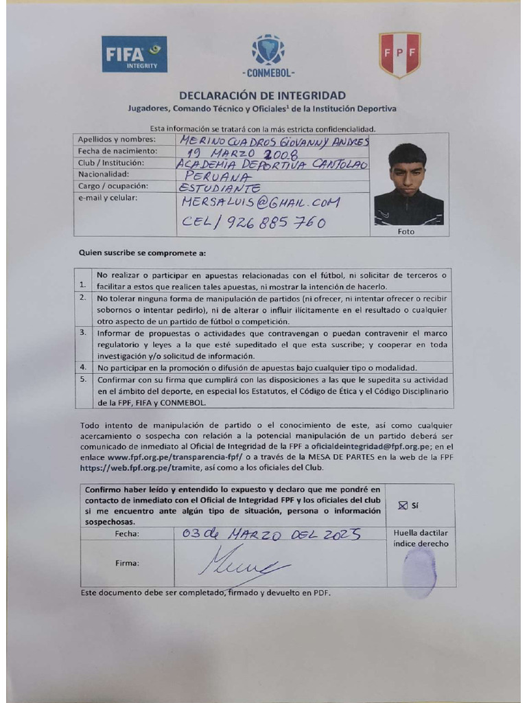 Declaración de Integridad Giovanny Andrés Merino Cuadros | PDF