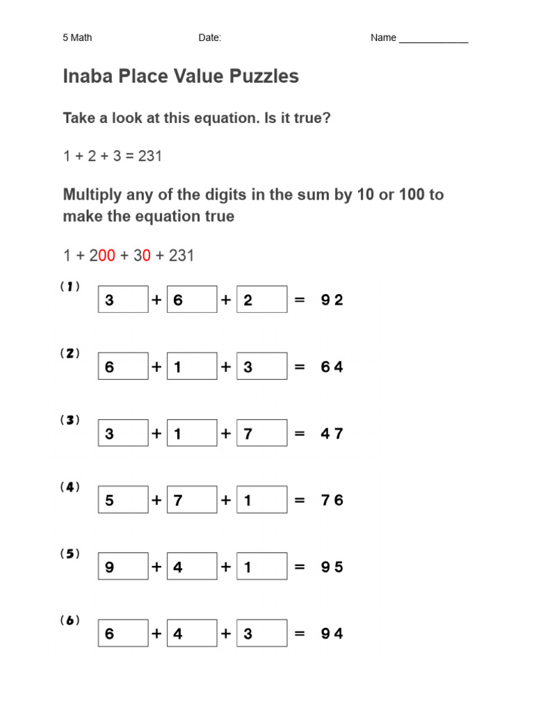 Inaba Place value Puzzles | PDF