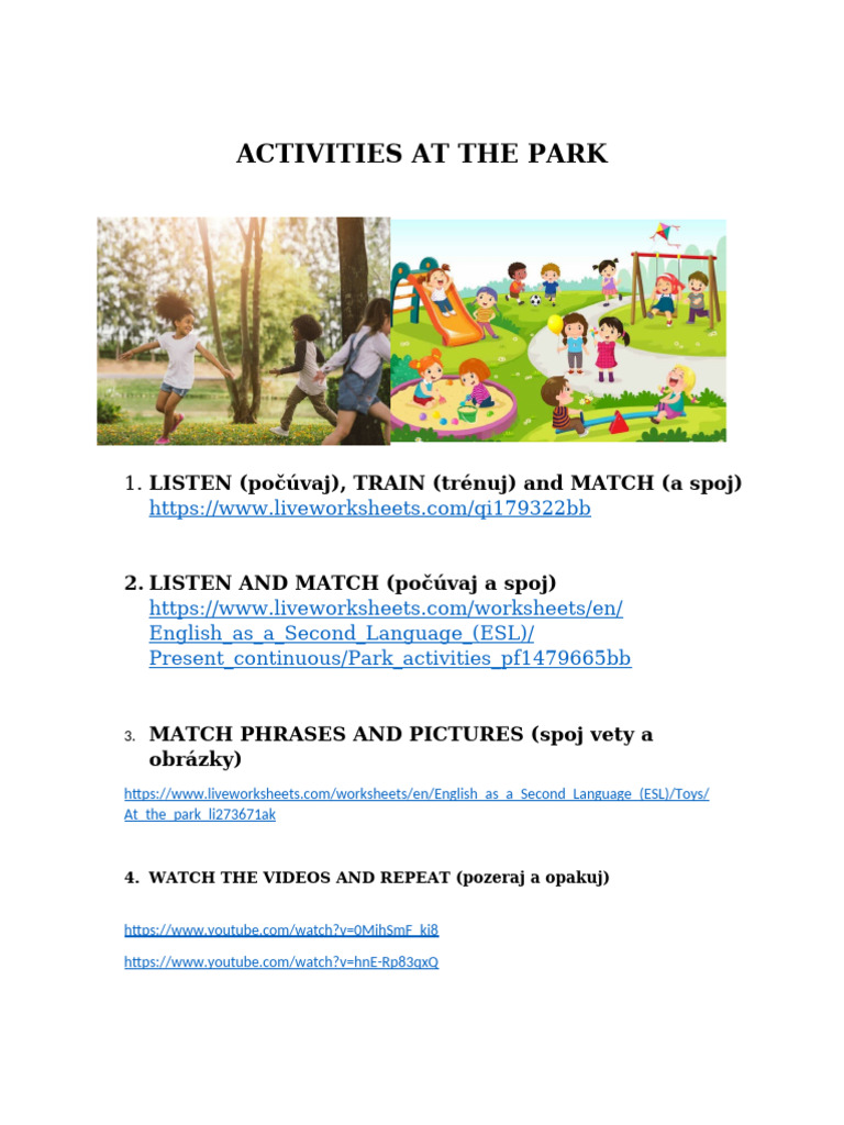 AT THE PARK - Worksheet | PDF