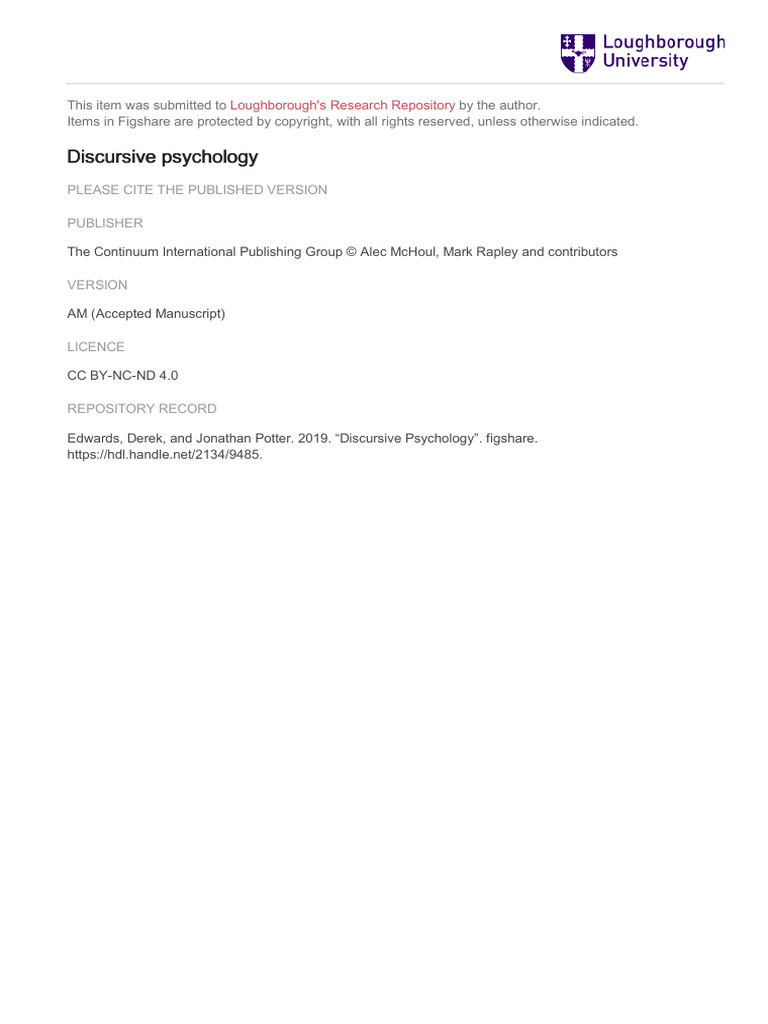Edwards, D., & Potter, J., 2002 - Discursive Psychology - How To ...