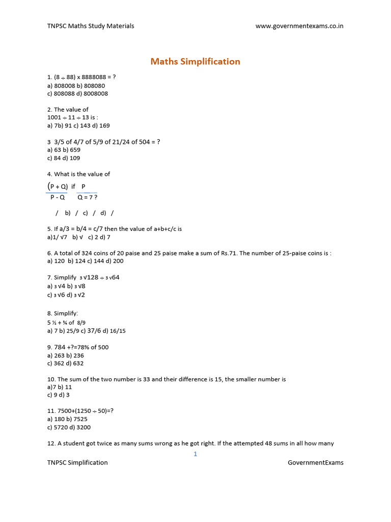 TNPSC Maths Simplification Questions With Solutions PDF WWW ...