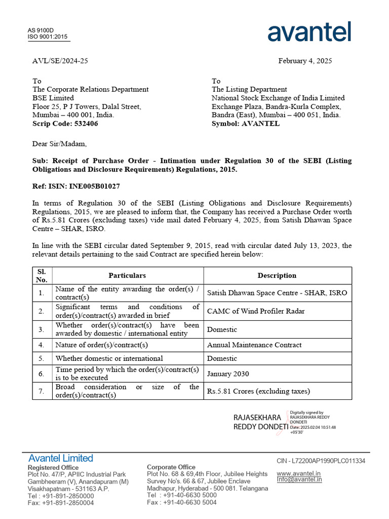 Avantel Limited Purchase Order Notification | PDF | Financial Markets