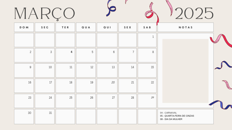Calendário Do Mês de Março 2025 | PDF