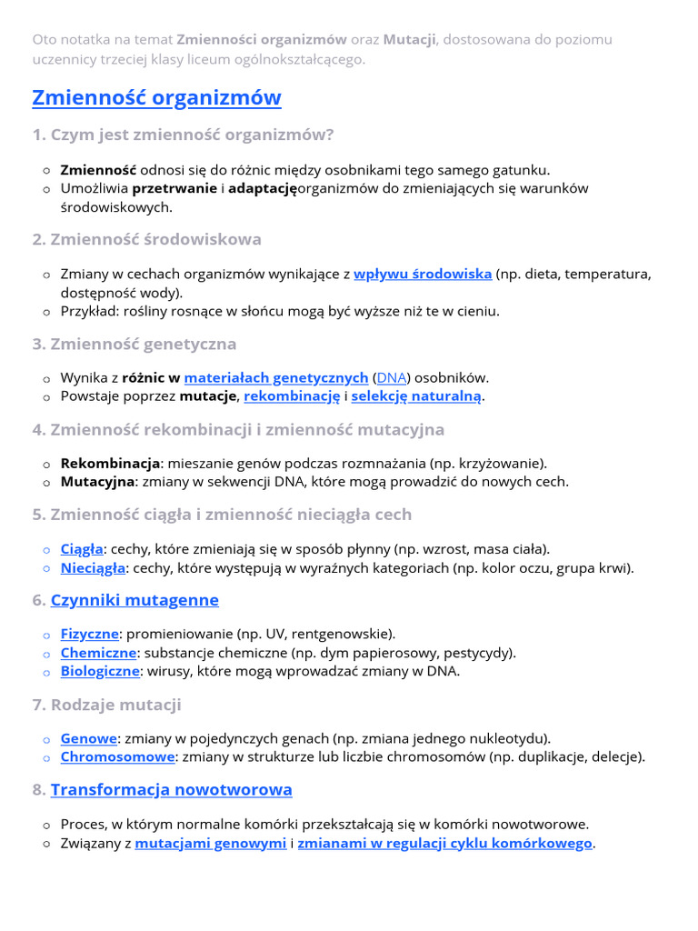 Oto Notatka Na Temat Zmienności Organizmów Oraz Mutacji, Dostosowana Do ...