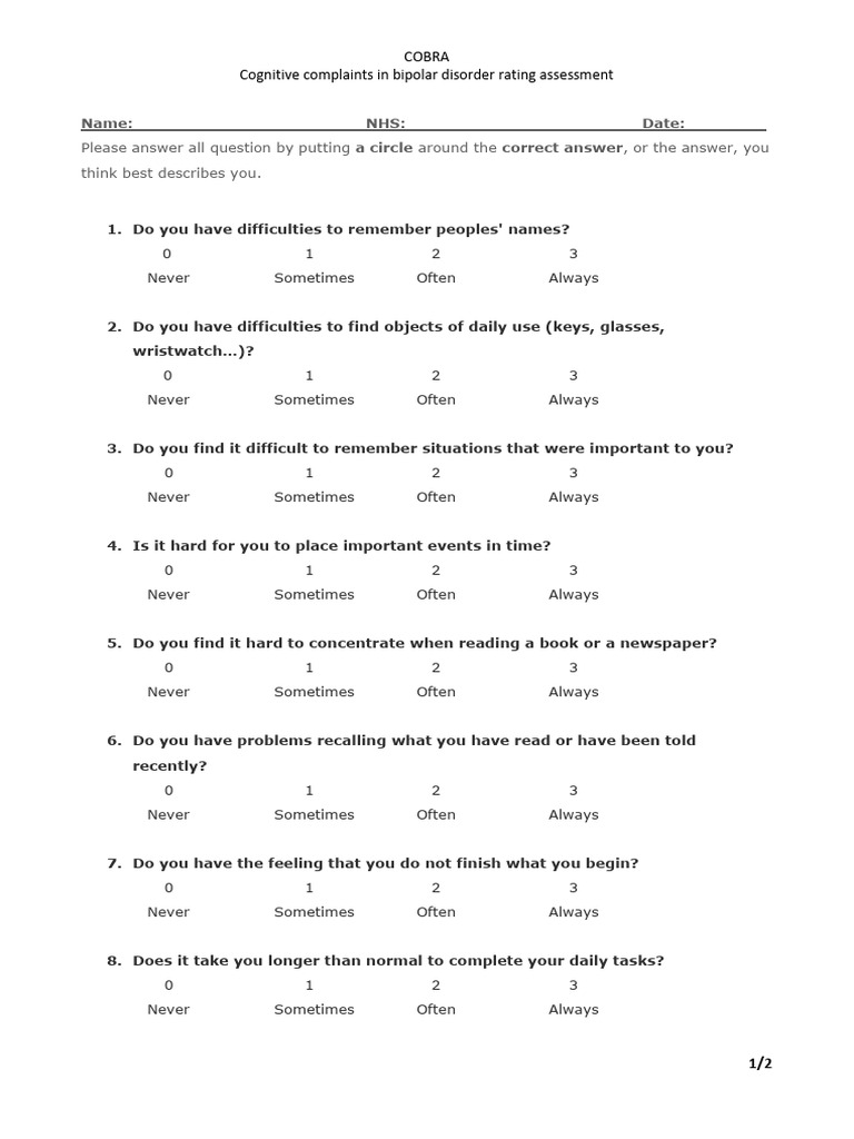 COBRA: Bipolar Disorder Cognitive Assessment | PDF | Psychological ...