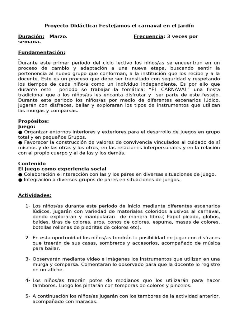 Carnaval en el Jardín: Proyecto Didáctico | PDF | Carnaval