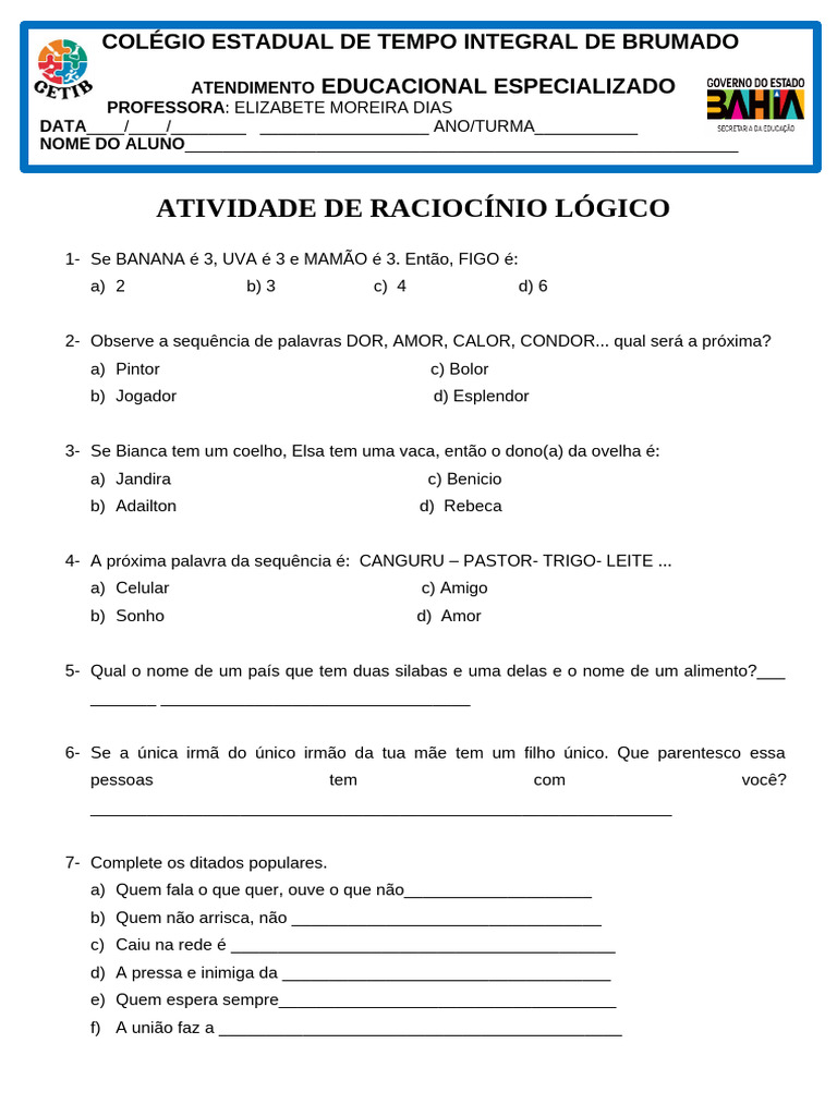 Atividade de Raciocínio Lógico | PDF