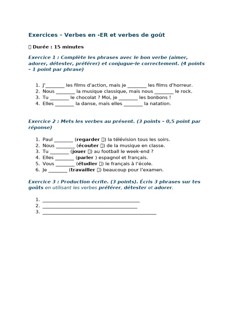 Exercices sur les verbes en -ER et goûts | PDF