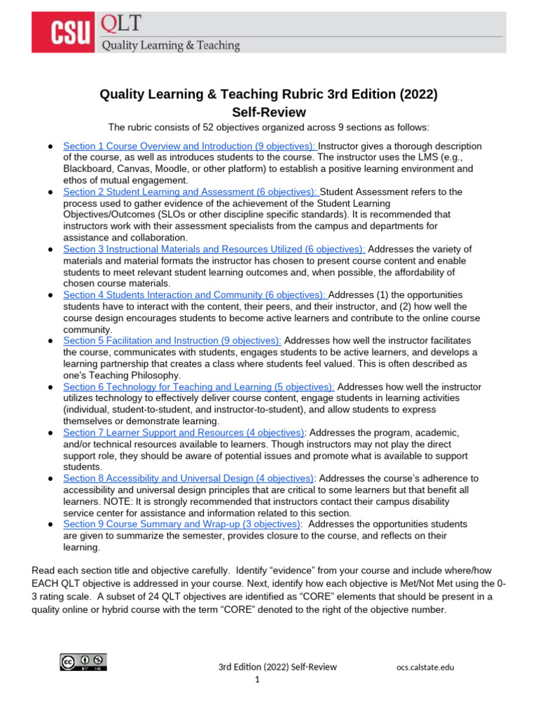 QLT Rubric 3rd Edition 2022 Self Review | PDF | Learning | Educational Technology