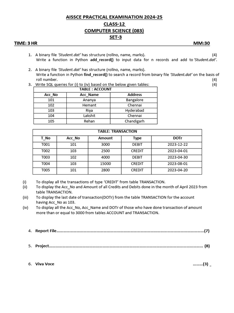 AISSCE PRACTICAL EXAMINATION 2024 SET 3 | PDF | Debits And Credits | Programming Paradigms
