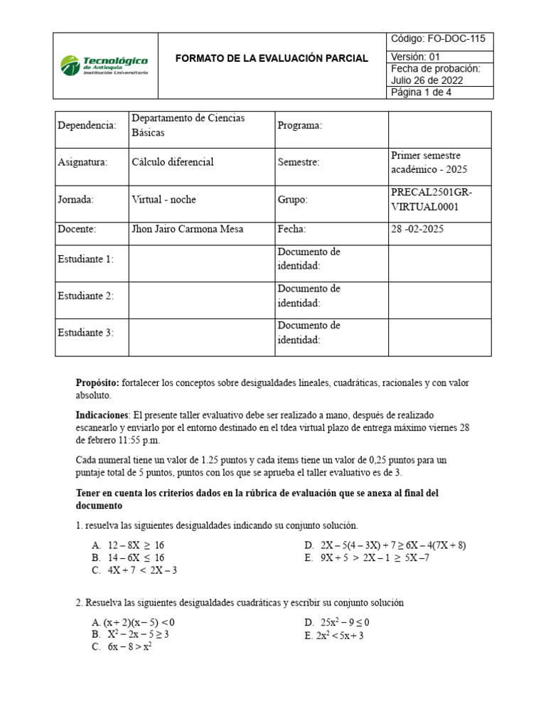 Taller 1 Desigualdades y Valor Absoluto | PDF | Matemáticas