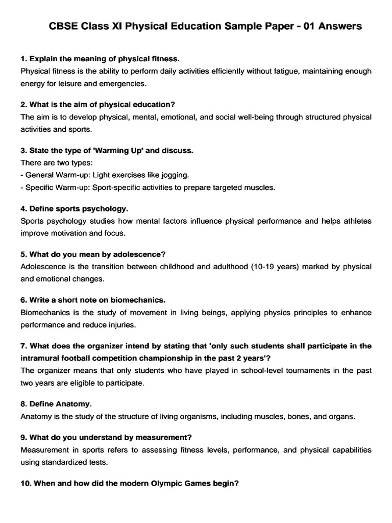 Physical Education Sample Questions | PDF