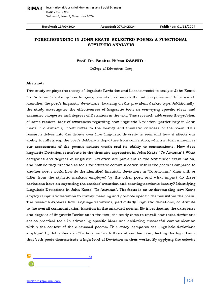 Foregrounding in John Keats Selected Poems A Functional Stylistic ...