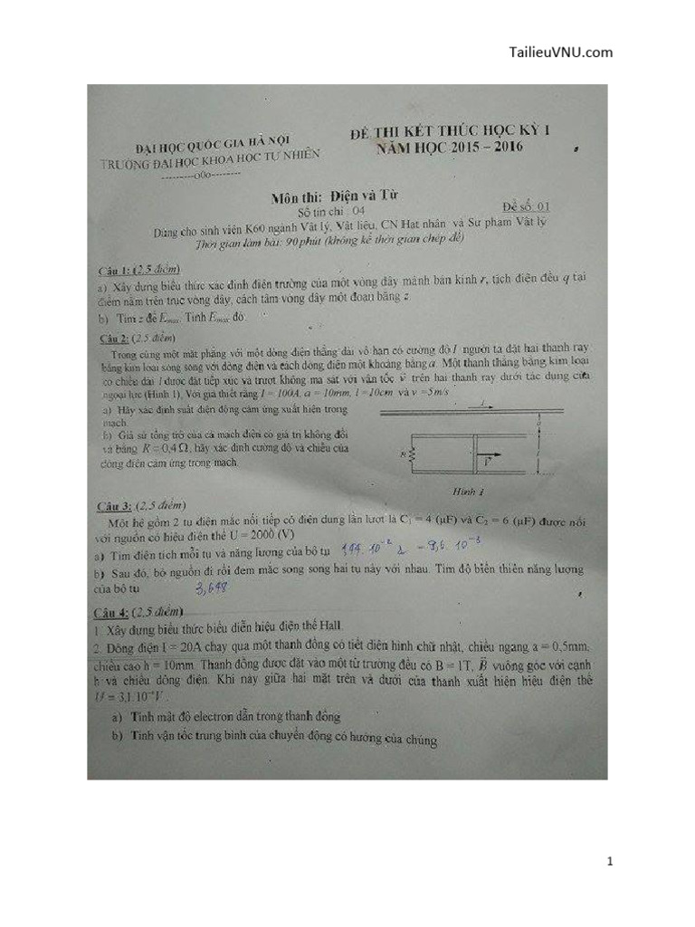 Đề thi Điện và Từ đề số 1 kỳ 1 năm học 2015-2016 - HUS | PDF