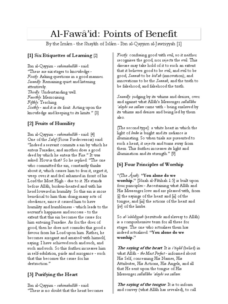 Al-Fawâ’id - Points of Benefit - Imam Ibn al-Qayyim al-Jawziyyah | PDF ...