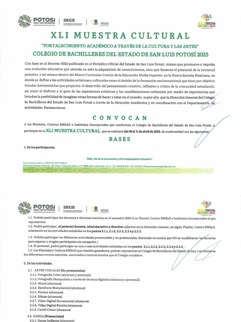 Convocatoria XLI Muestra Cultural 2025 COBACH SLP | PDF