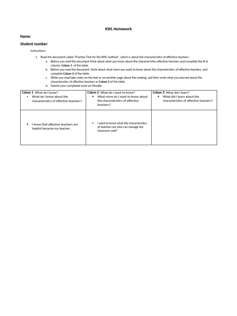 KWL Worksheet To Complete For Homework | PDF