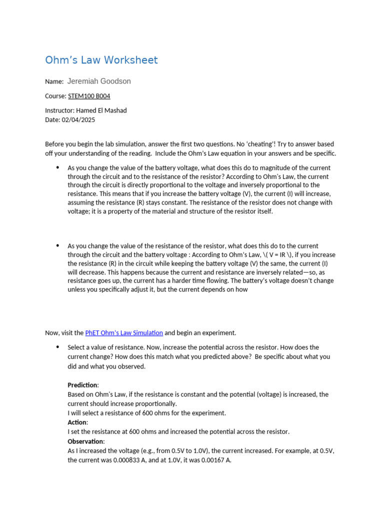 Ohms Law Worksheet Week5 V4 | PDF | Voltage | Resistor