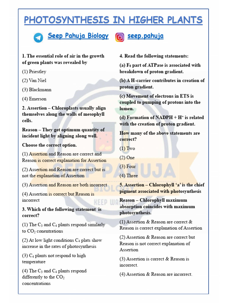 Photosynthesis in Higher Plants Quiz | PDF | Photosynthesis | Chloroplast