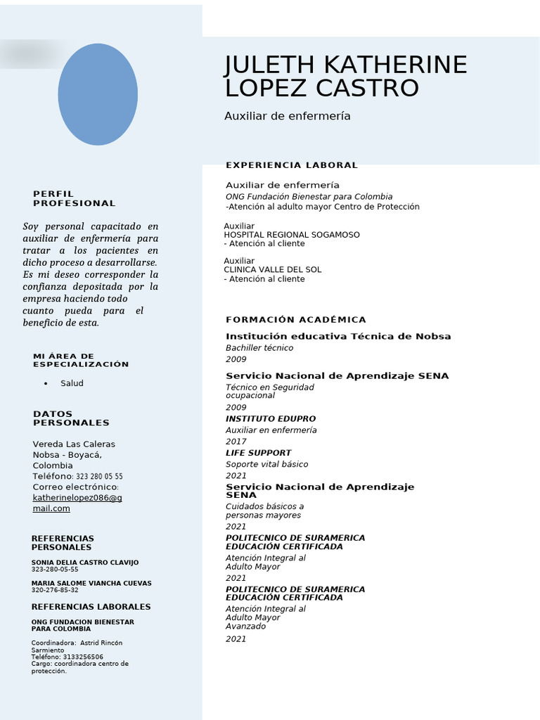 Hoja de Vida Julieth Katherine Lopez Castro | PDF | Enfermería | Medicina