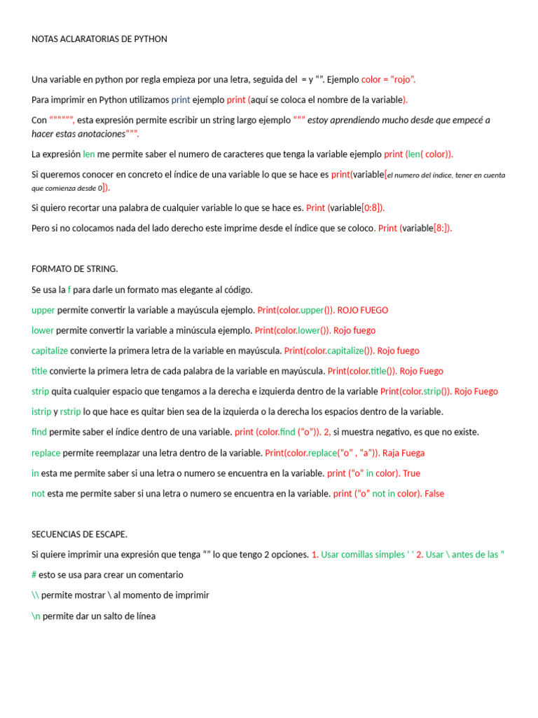 NOTAS ACLARATORIAS DE PYTHON | PDF | Python (lenguaje de programación ...
