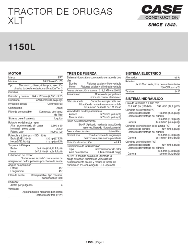 Especificaciones del Tractor 1150L | PDF | Ingeniería mecánica | Máquinas