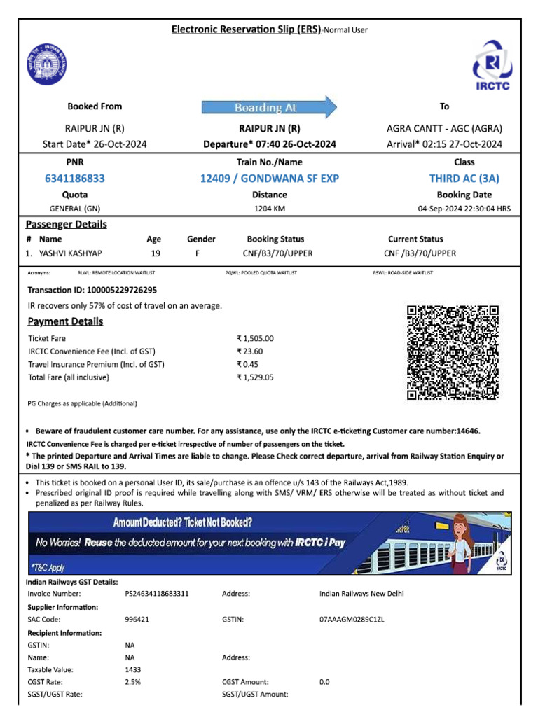 Raipur To Agra Ticket | PDF