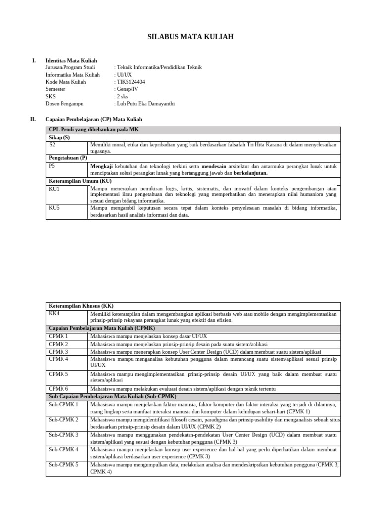 Silabus Mata Kuliah UI/UX Teknik Informatika | PDF