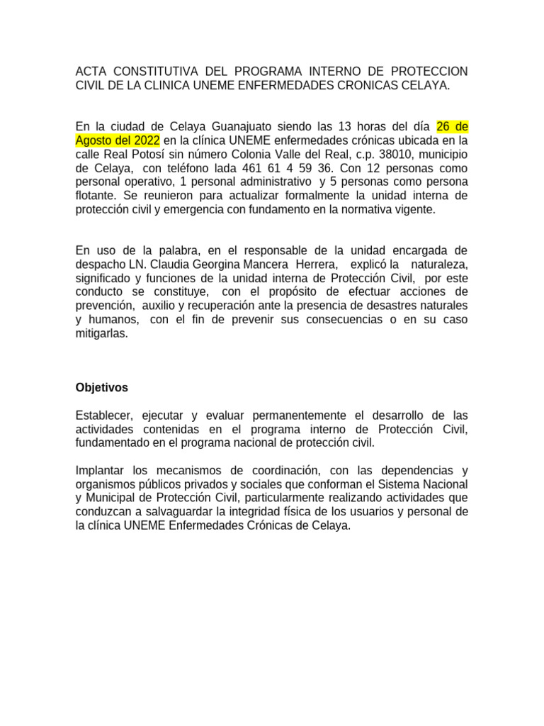 ACTA CONSTITUTIVA PROTECCION CIVIL 2022 LIC GEORGINA | PDF | Defensa Civil