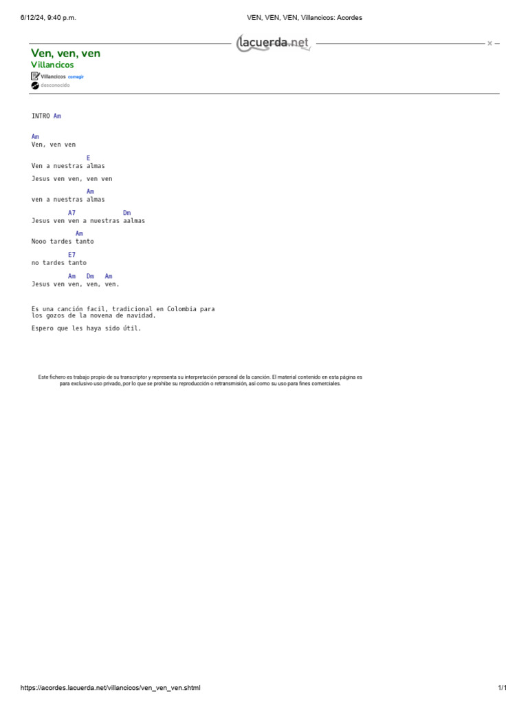 VEN, VEN, VEN, Villancicos - Acordes | PDF