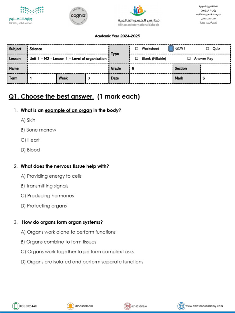 Gr. 6 Unit 1 - M2 - Lesson 1 - Level of Organization GC1 | PDF | Human Body | Tissue (Biology)