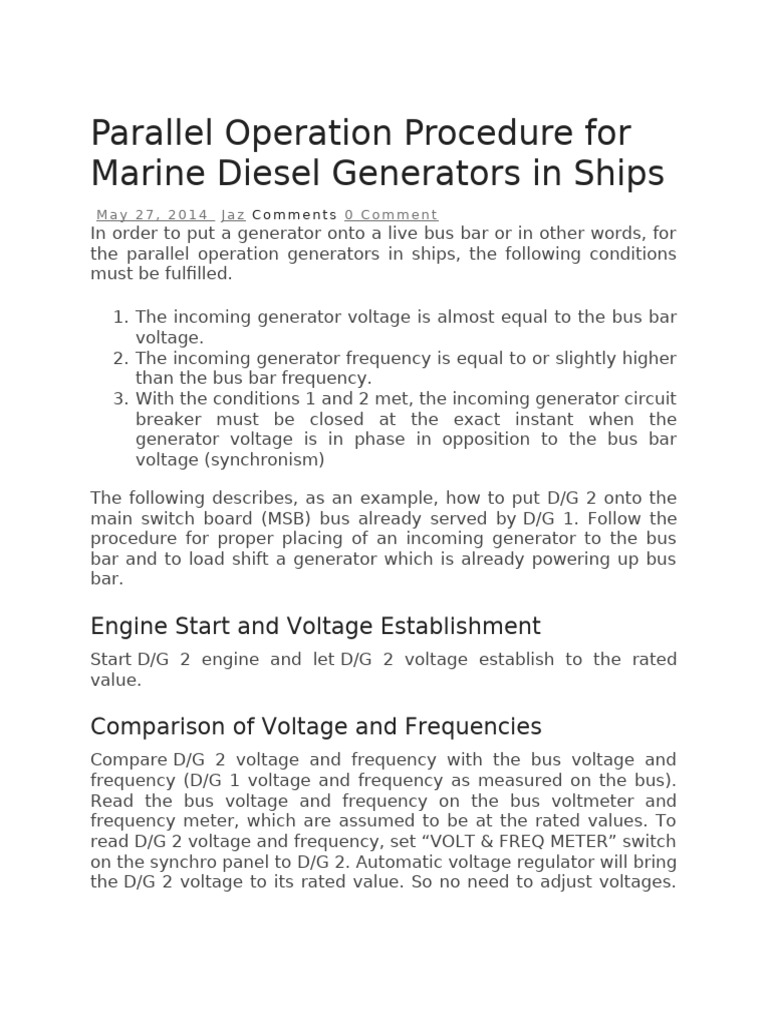 Parallel Operation Procedure for Marine Diesel Generators in Ships | PDF | Voltage | Electrical ...
