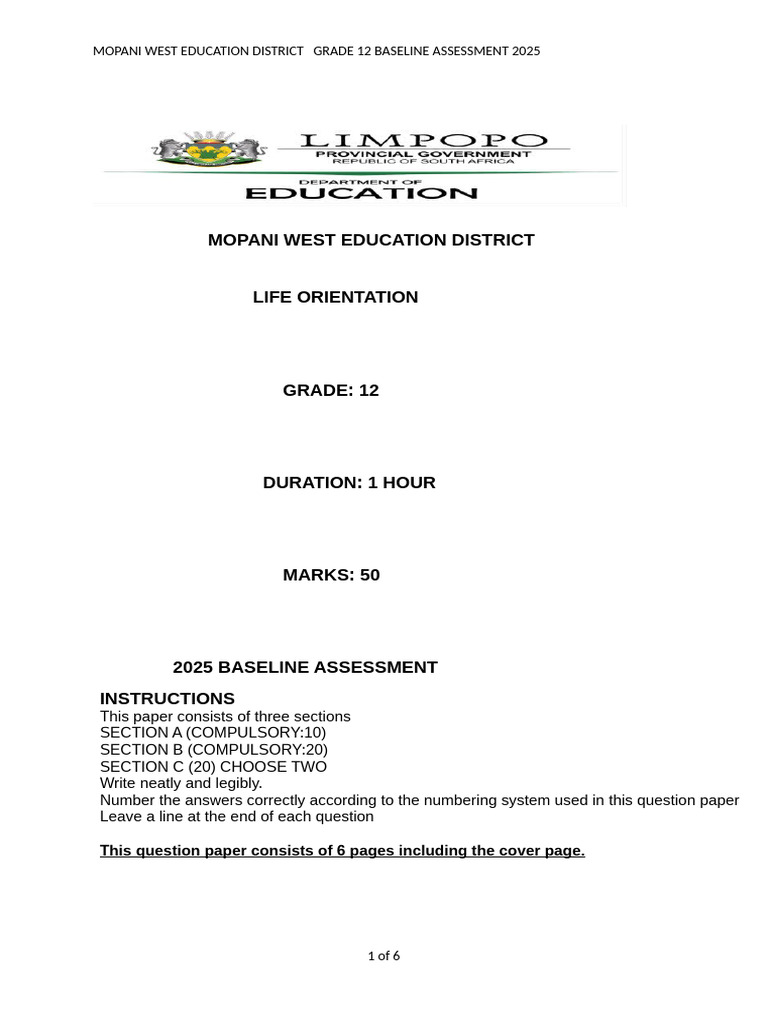 2025 Grade 12 Baseline Assessment-1 | PDF | Stress (Biology) | Unemployment