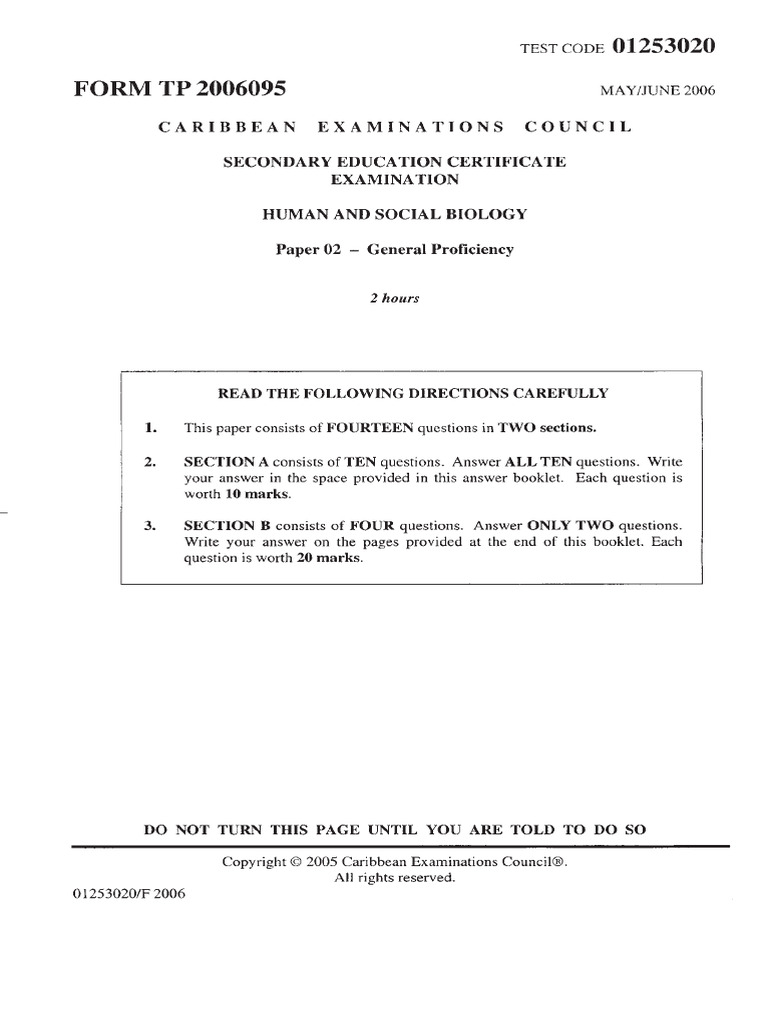 CSEC Human and Social Biology June 2006 P2 | PDF | Autonomic Nervous System | Foods